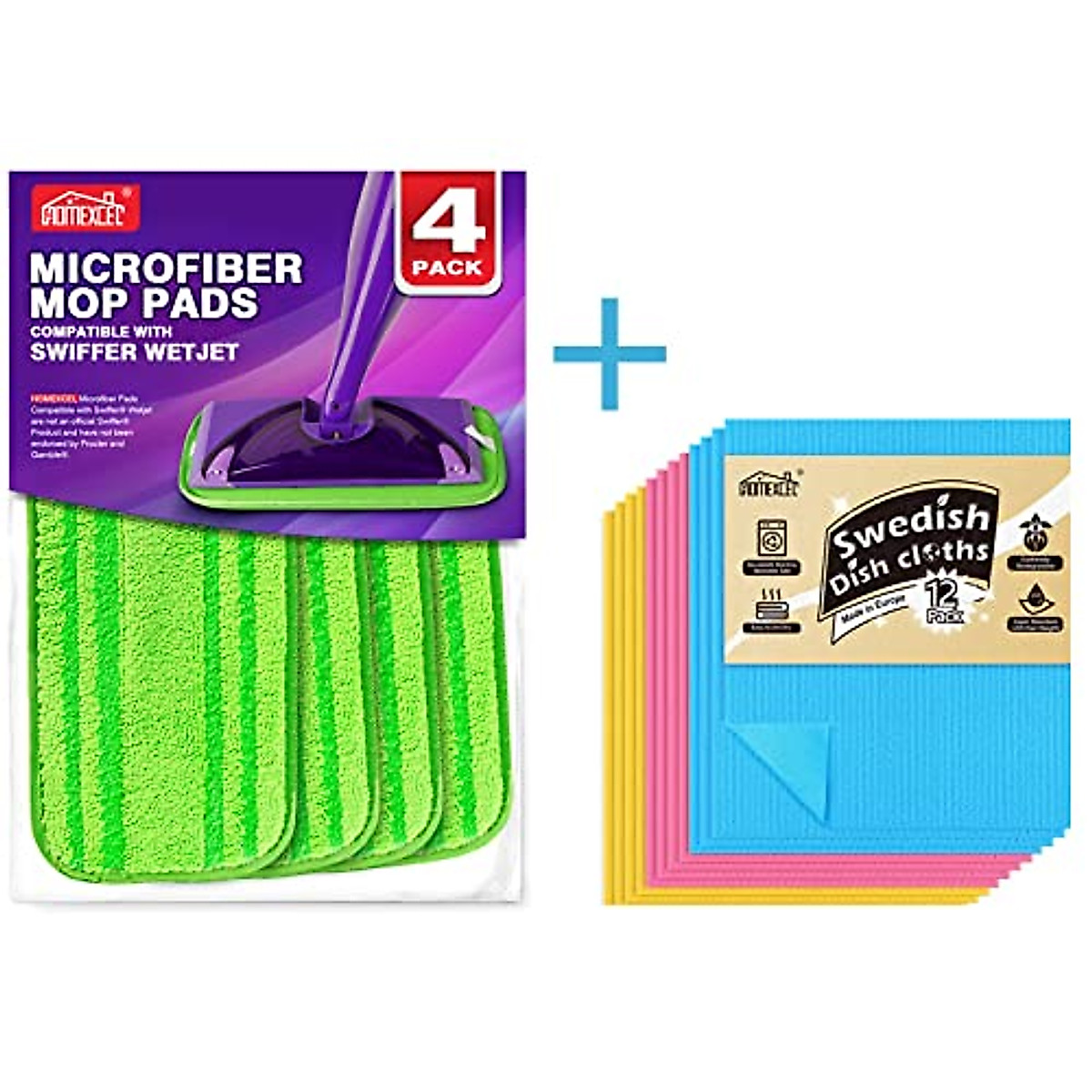 HOMEXCEL Microfiber Mops Reusable Floor Mop Pads 12-inch Swiffer Wet Jet Refills 4 Pack,Bundle with 12 Pack Swedish Sponge Dish Cloth Reusable Abosorbent Hand Towels Sponge Cloth