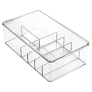 mDesign Stackable Plastic Storage Organizer Container Box for Kitchen Cabinets, Pantry, Countertops - Holds Kids, Child/Toddler Mealtime Sets, Small Accessories - 6 Sections - BPA Free - Clear
