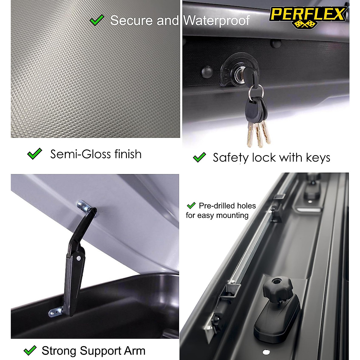 Perflex Exclusive Rooftop Cargo Box Carrier Large 17.7 Cubic Feet Car Top Mount Travel Luggage Storage, Dual Side Opening, 130 Lbs Weight Capacity, Extra Keys, Straps (White)