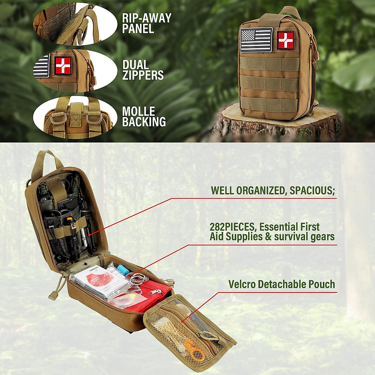 Survival First Aid Kit, Molle Medical Pouch 282PCS Outdoor Emergency Survival Gear and Equipment for Hiking Camping Hunting Car Boat Home Travel and Adventures, Perfect Gifts for Him Men