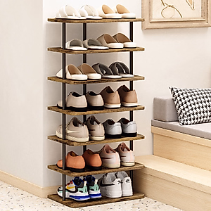 AZERPIAN Shoe Rack 7 Tier Vertical Storage Organizer Double Row Narrow Metal Slim Shelf Modern Free Standing Shoe Tower Saving Space for Closet Entryway Bedroom,Black+Rustic Brown