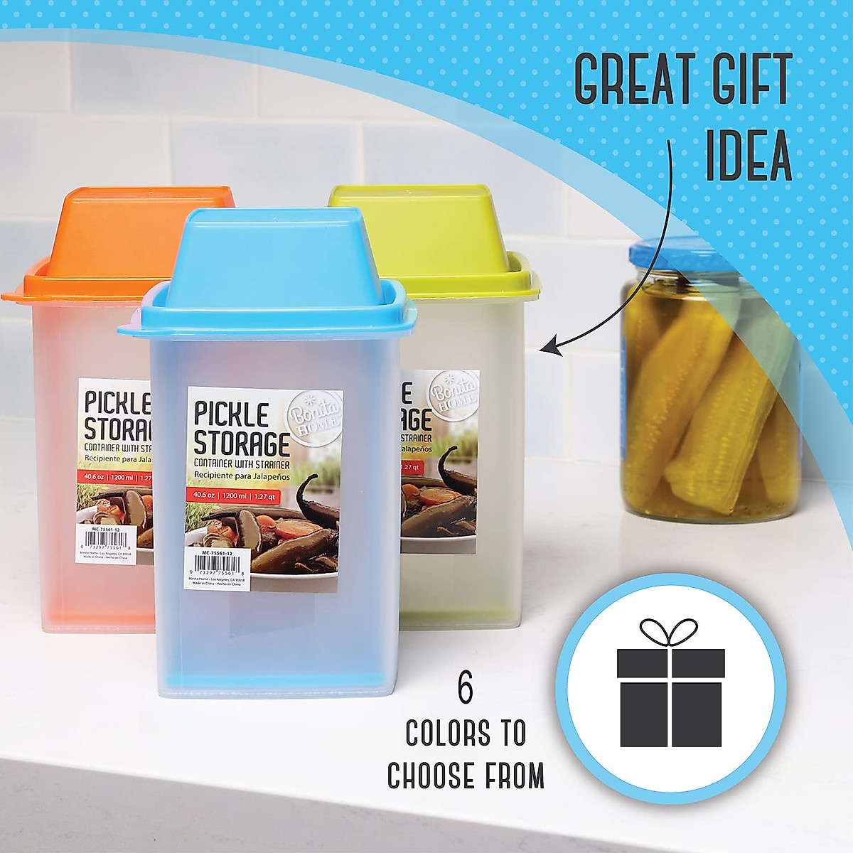 Bonita Home Pickle Storage Container with Strainer | Lift, Drain and Store Condiment Food Saver Jar with Snap Lid | 40.6 oz, 7.5" H x 4.25" W x 4.25" L (Blue)