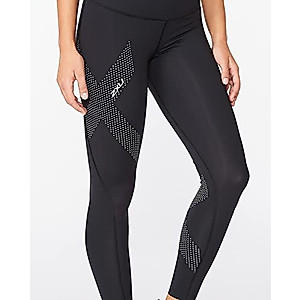 2XU Women's Mid-Rise Compression Tights, Black/Dotted Reflective Logo, Large