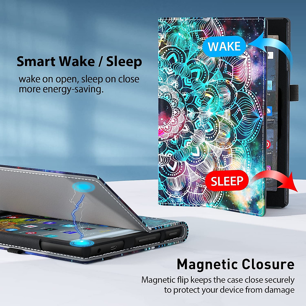 VORI Case for All-New Amazon Fire 7 Tablet (Only fit 12th Generation, 2022 Release), Slim Vegan Leather Folio Stand Smart Cover with Hand Strap and Auto Wake/Sleep for Kindle Fire 7”, Mandala Galaxy