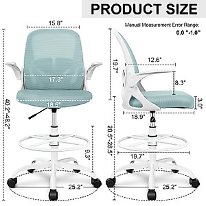 Primy Drafting Chair Tall Office Chair with Flip-up Armrests Executive Ergonomic Computer Standing Desk Chair with Lumbar Support and Adjustable Footrest Ring（Light Blue）