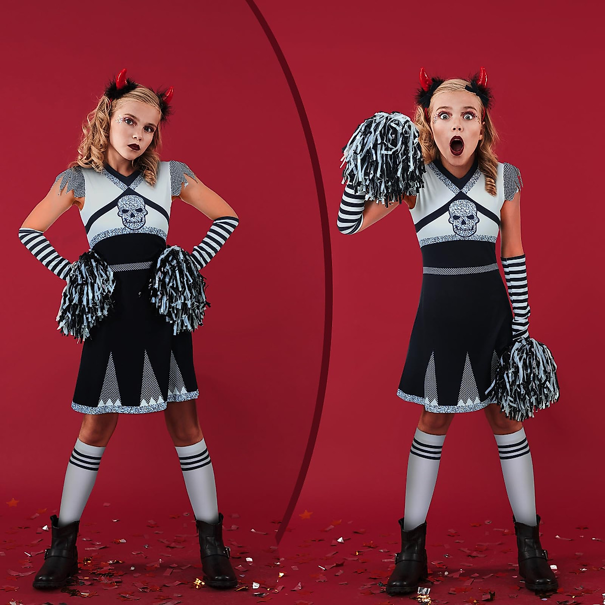 Haull 9 Pcs Cheerleader Costume for Girls Ra Ra Rebel Cheerleader Costume Outfits for Halloween Cosplay Dress up(4-6 Years)