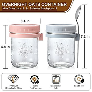 LANDNEOO 2 Pack Overnight Oats Containers with Lids and Spoons, 16 oz Glass Mason Jars for Overnight Oats, Large Capacity Airtight Jars for Milk, Cereal, Fruit (Pink+Grey)