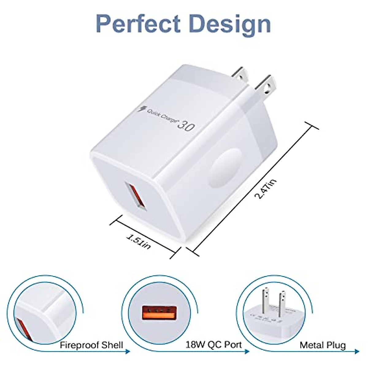Fast Charging Wall Charger & Cable for Samsung Galaxy, Google Pixel, Moto & More - Quick Charge 3.0 USB C Brick with 6FT Cord
