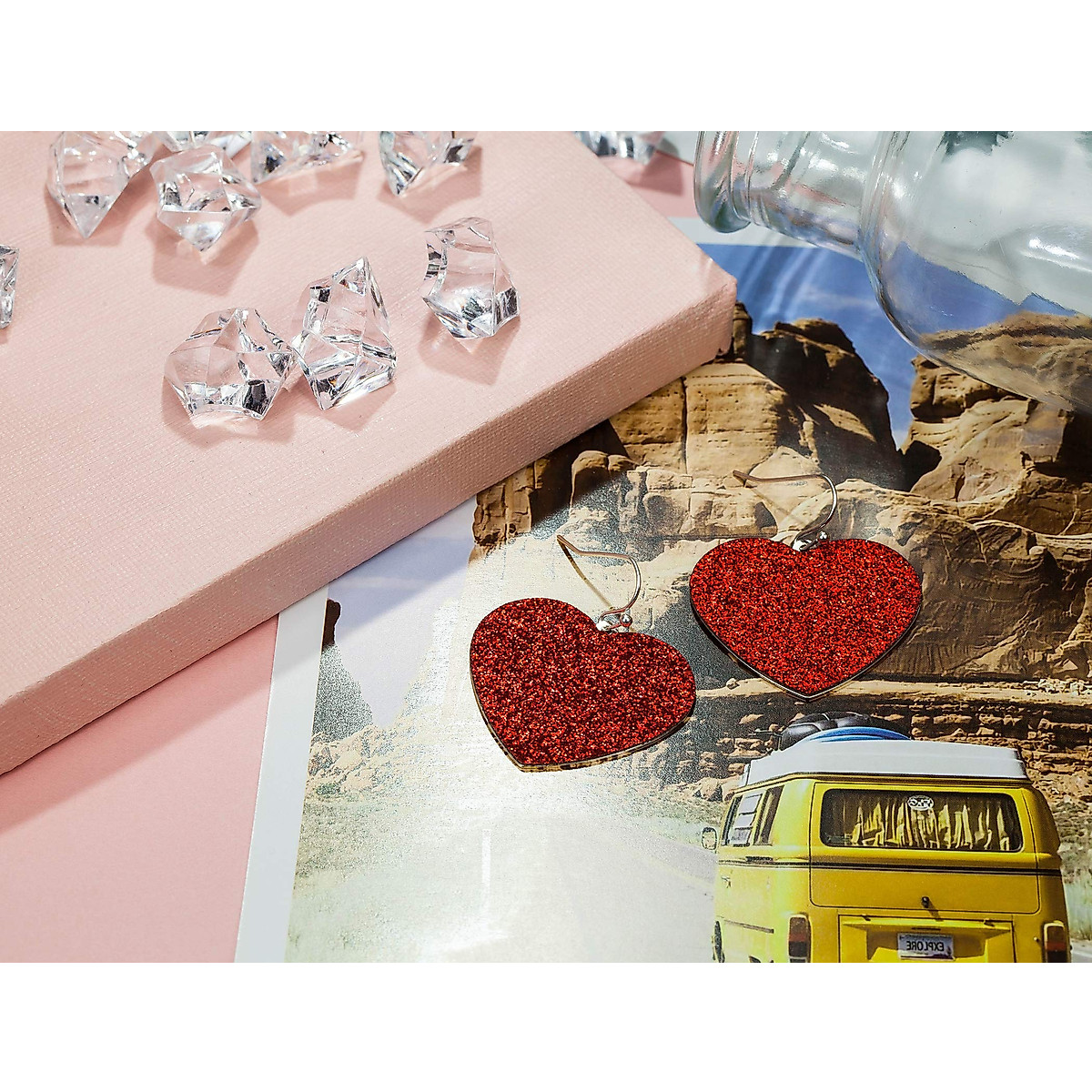 RareLove Valentines Gifts Bling Red Heart Hook Dangle Earrings Statement Jewelry For Women Silver Alloy Plated