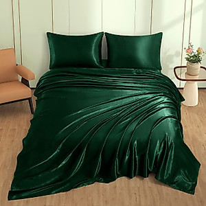 VACVELT 3pcs Emerald Green Satin Sheets Twin Size Bed Set, 15 Inch Deep Pocket Silky Satin Sheet Set, Soft Satin Bedding Set Cooling & Luxury Bed Sheets, 1 Fitted Sheet + 1 Flat Sheet + 1 Pillowcase