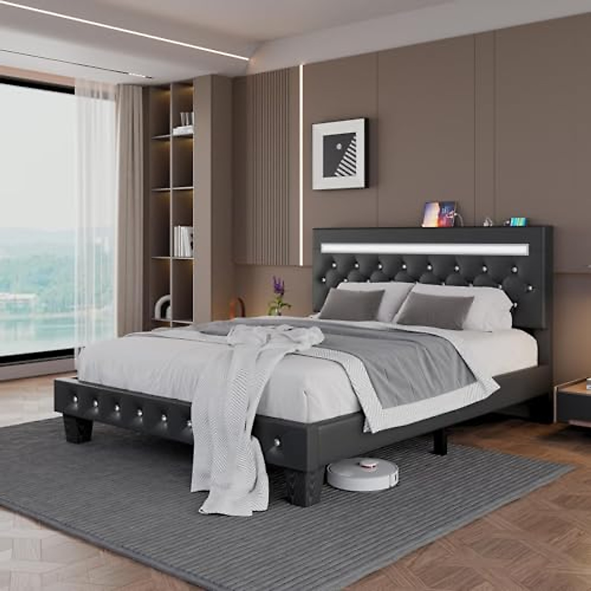 Forrise King Size LED Platform Bed Frame with Adjustable Headboard, Modern Bed Frame with Charging Station, Wooden Slats Support, Easy Assembly, No Box Spring Needed, Black