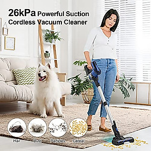 POWEART Cordless Vacuum Cleaner, 26Kpa 350W Powerful Cordless Stick Vacuum, Self-Standing 8 in 1 Rechargeable Battery Vacuum Up to 45min Runtime, Lightweight Vacuum for Pet Hair Hard Floor Carpet-V870