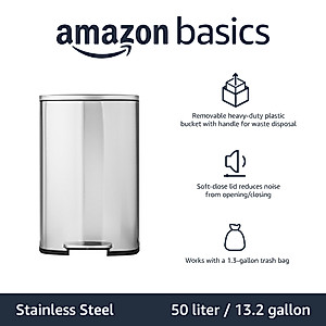 Amazon Basics 50 Liter / 13.2 Gallon Soft-Close, Smudge Resistant Trash Can with Foot Pedal - Brushed Stainless Steel, Satin Nickel Finish