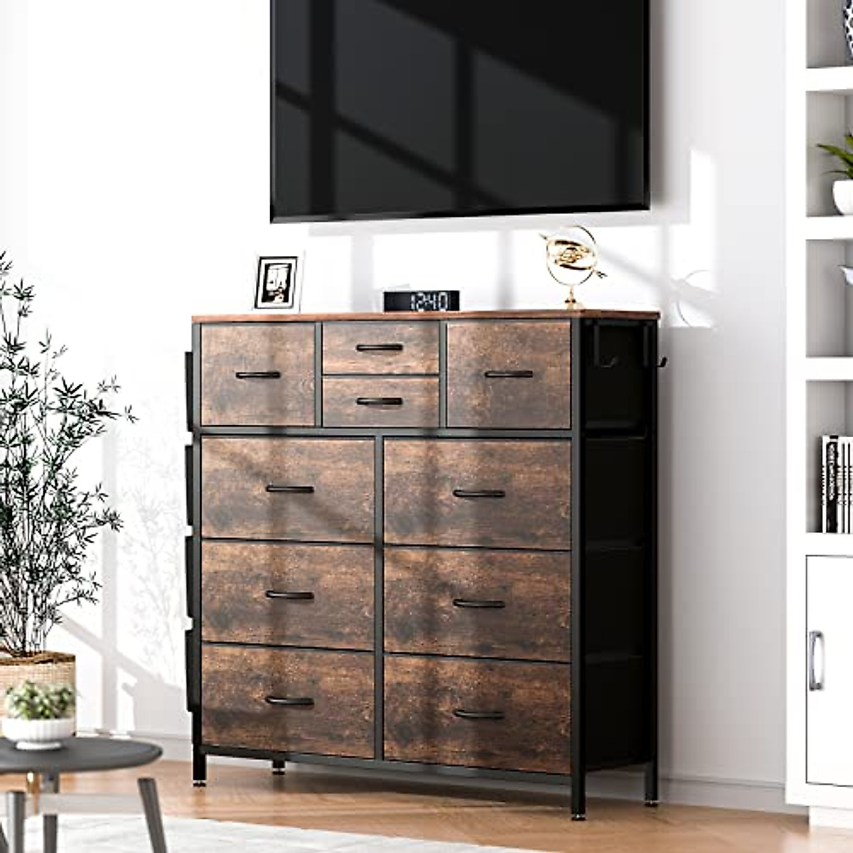 Himusi Dresser for Bedroom with 10 Drawers, Fabric Storage Tower with Side Pockets, Tall Chest of Drawers for Nursery, Hallway, Closets (Rustic Brown)