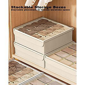 AARAINBOW 4 Packs Underwear Socks Storage Organizer with Lid, Foldable Closet Drawer Organizer with Dividers Wardrobe Storage Boxes Fabric Dresser Bin for Bra Scarf Neck Tie Container (50 Cells Beige)