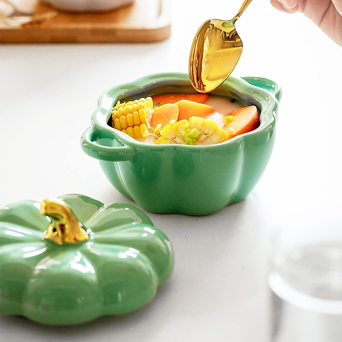 Dutch Oven Pot with Lid, Pumpkin Pottery Dessert Saucepan, Mini Baking Dish Cute Pumpkin Bowl, Covered Dutch Oven Ceramic Stockpot, Pumpkin-Shaped Casserole (Green)