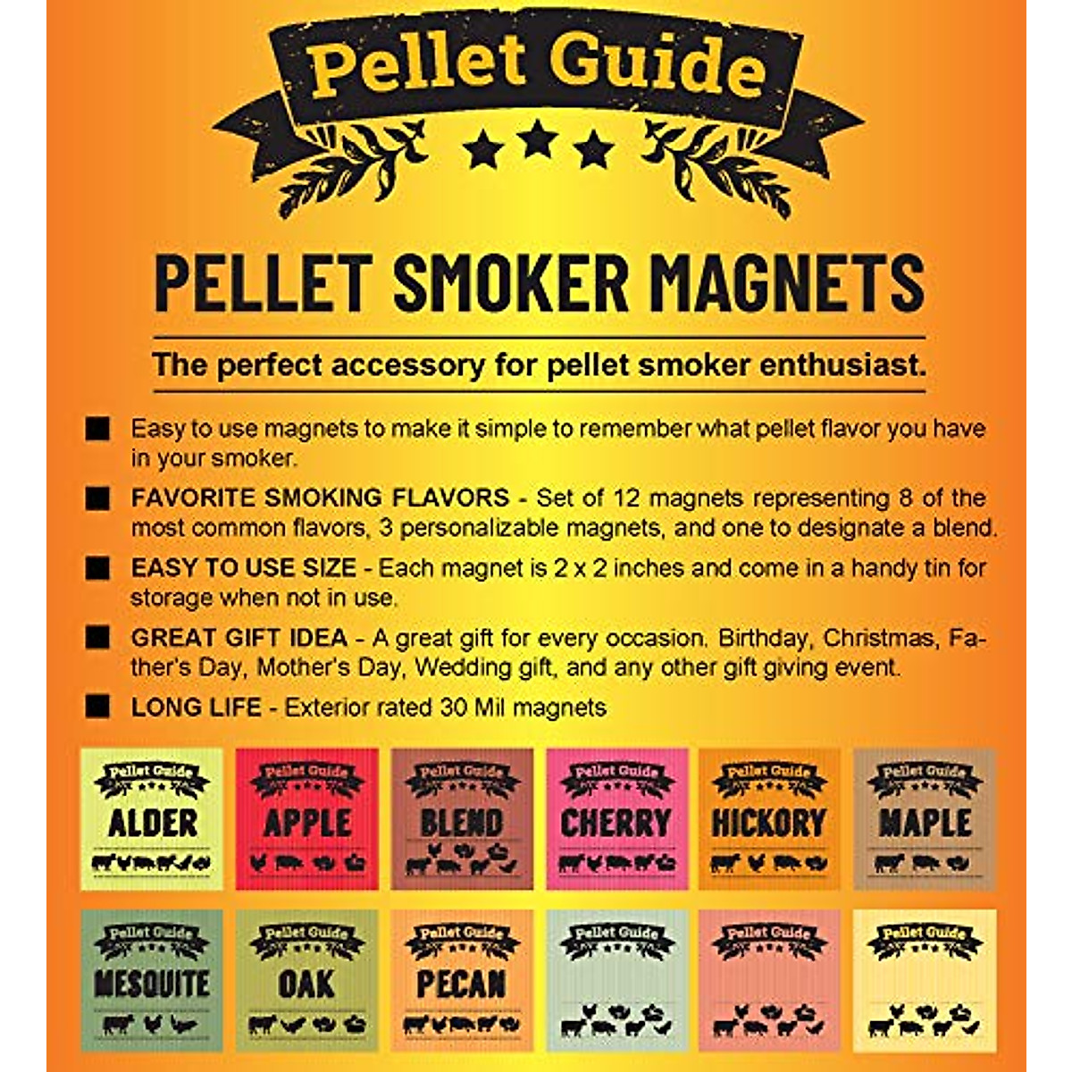 Pellet Magnets, Set of 12, to Help You Remember The Flavor of Pellet You Used Last in Your Smoker.