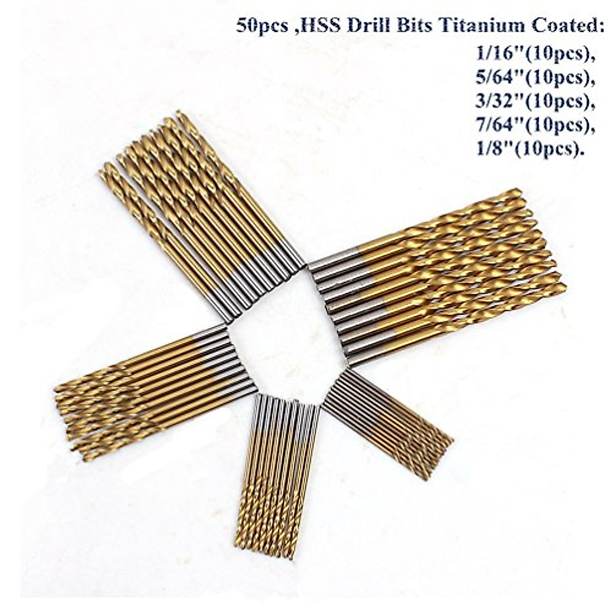 50 PCS,HSS Twist Drill Bits, 1/16", 5/64", 3/32", 7/64", 1/8" [10pcs for each],drilling on mild steel, copper, Aluminum, Zinc alloy (Titanium)