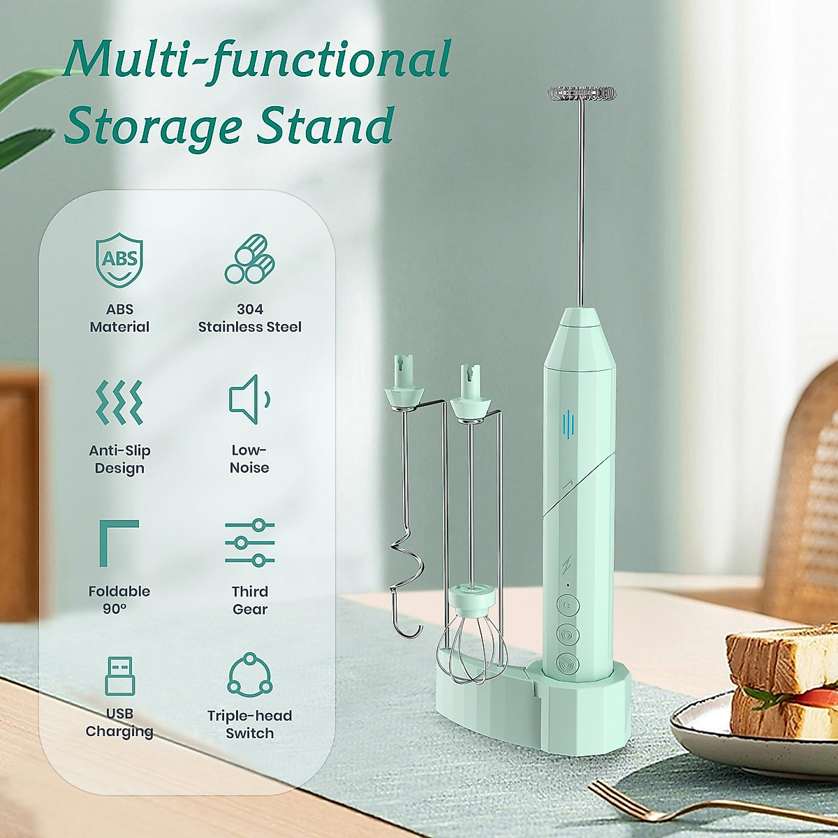 Milk Frother Handheld, USB-C Rechargeable Coffee Frother Wand, Electric drink mixer with Charging Base&3 Heads,3 Speeds Adjustable, Electric Whisk Drink Mixer Handheld with Stand for Coffee,Egg Green