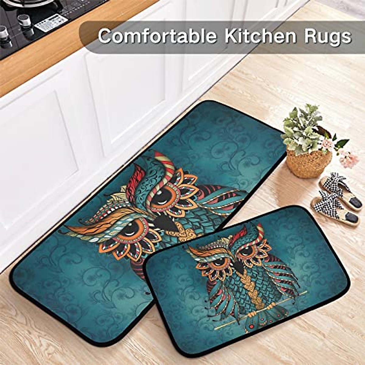 BOENLE Dark Colored Owl Kitchen Rugs and Mats Non Skid Washable Kitchen Rug Set 2 Piece Carpet Ergonomic Comfort Standing Mat for Kitchen,Bathroom, Laundry