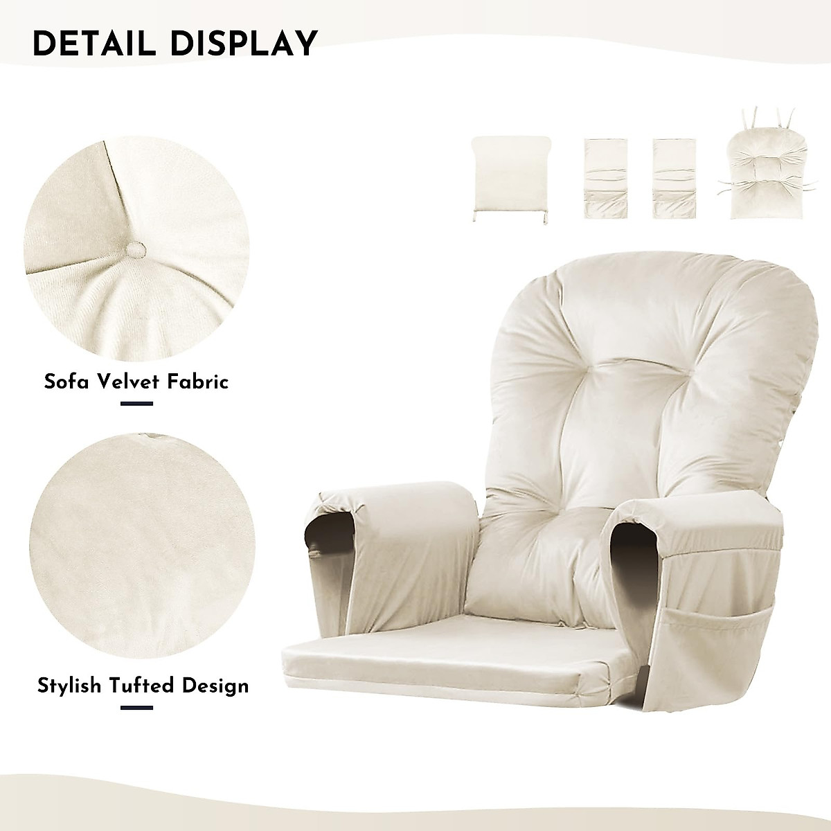 Lucky Monet 5Pcs Glider Rocker Replacement Cushions - Velvet Glider Cushions Replacement Set with Side Storage Pockets, Thick Glider Chair Cushions Washable & Non Slip, Cushion ONLY - Beige