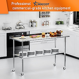 HOCCOT Stainless Steel Prep & Work Table with Adjustable Shelf, with Backsplash and Wheels, Kitchen Island, Commercial Workstations, Utility Table in Kitchen Garage Laundry Room Outdoor BBQ, 24" X 60"