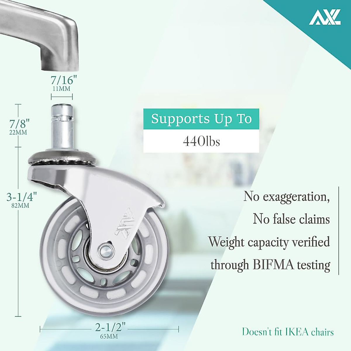 Office Chair Caster Wheels 2.5 Inch, Roller Blade Wheels Replacement Rubber Chair Casters for Hardwood Floors and Carpet, Set of 5 (Chrome Bracket/Grey/Clear)