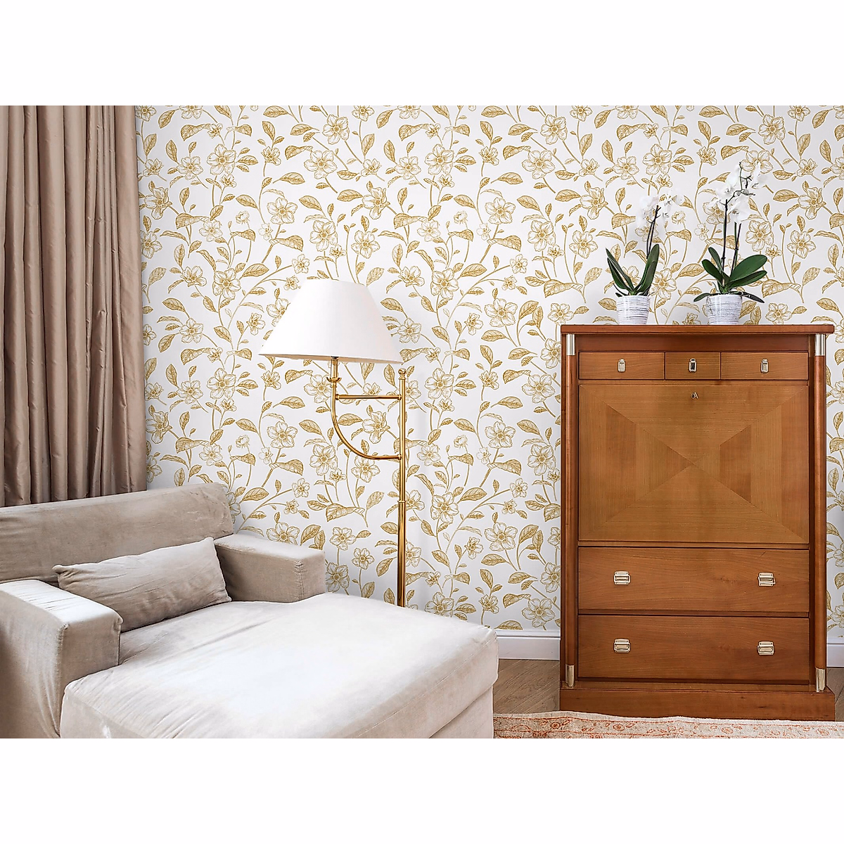 Heroad Brand Floral Peel and Stick Wallpaper Boho Contact Paper White and Gold Leaf Wallpaper Clearance Peel and Stick Wallpaper for Cabinets Shelf Liner Vinyl Roll Self Adhesive 78.7"x17.3"