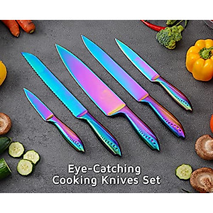 WELLSTAR Kitchen Knife Set 5 Piece, Razor Sharp German Stainless Steel Blade and Comfortable Handle with Rainbow Titanium Coated, Chef Carving Bread Utility Paring for Cutting and Peeling, Gift Box