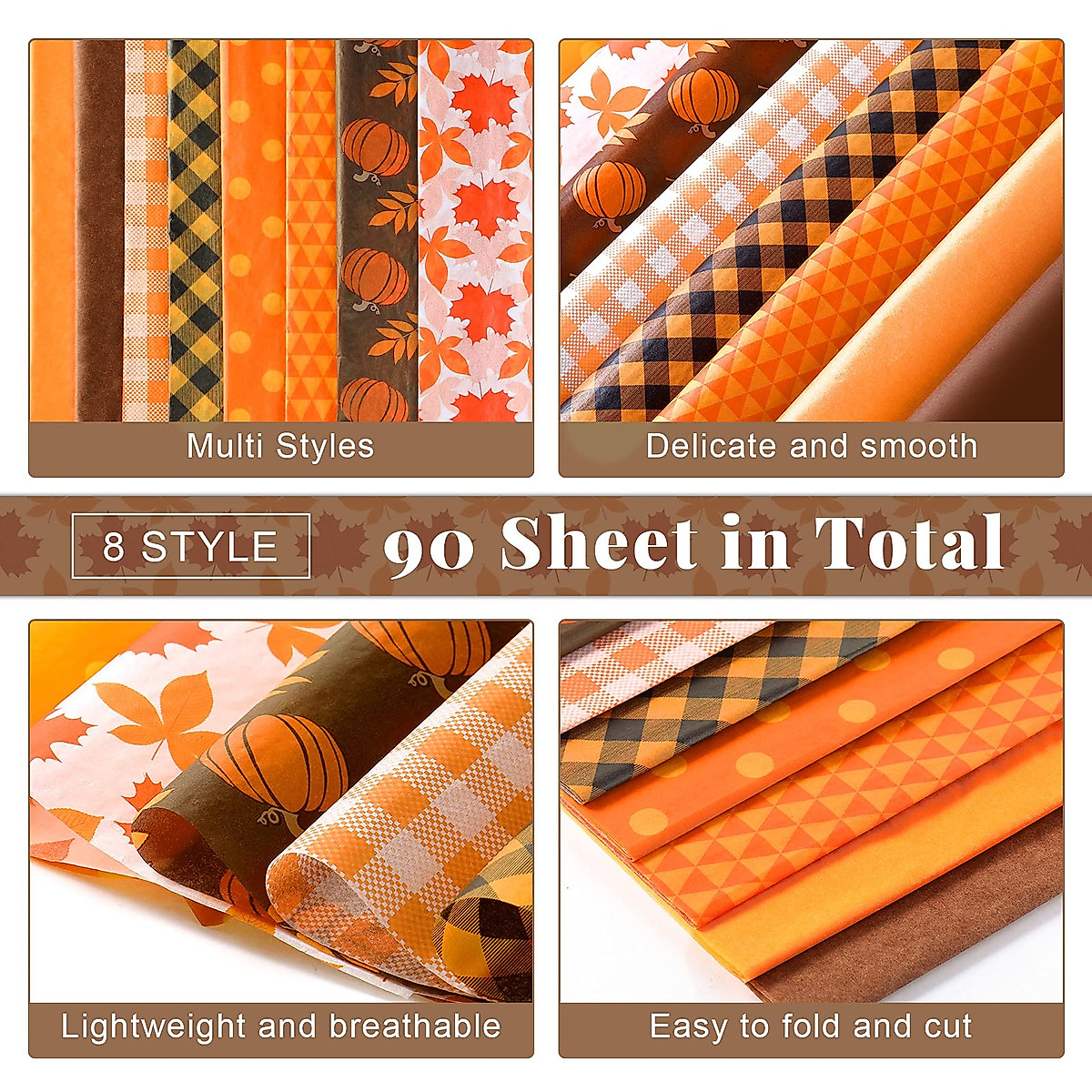 90 Sheet Fall Themed Tissue Paper Autumn Pumpkin Maple Leaves Wrapping Paper Thanksgiving Tissue Paper Assorted Colors Paper for DIY Harvest Birthday Wedding Party Crafts (8 Designs)