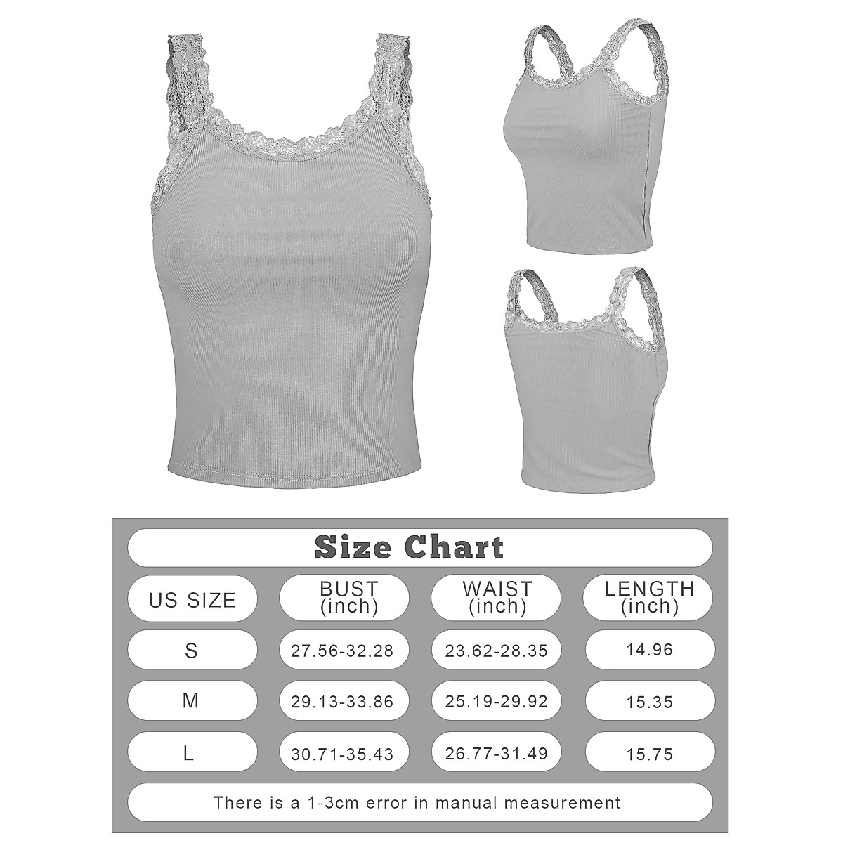 Sintege 3 Pcs Women's Lace Patchwork Tank Top Lace Camisole Tank Sleeveless Cami Crop Lacework Trim Y2k Tops(Large,Black, White, Gray)