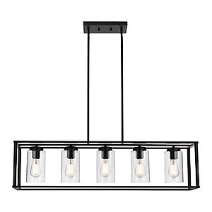 VINLUZ Farmhouse Chandeliers Rectangle Black 5 Light Dining Room Lighting Fixtures Hanging, Kitchen Island Cage Pendant Lights Contemporary Modern Ceiling Light with Glass Shade Adjustable Rods