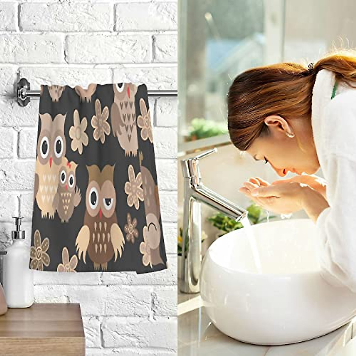 Jucciaco Cute Cartoon Owls Cotton Towels for Bathroom, Soft Absorbent Hand Towel Set of 2 for Kitchen Yoga Gym Decorative, 16x28 inch