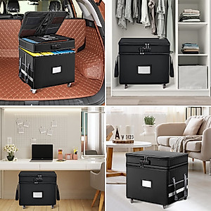 Fireproof Document Box with Lock, 2 Layer File Organizer Box with Wheels, Collapsible Safe File Box Document Organizer for Home Office,Rolling File Cabinet for Hanging Letter/Legal Folder