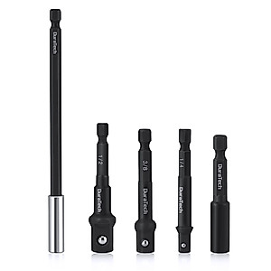 DURATECH 5-Piece Socket Adapters and Extension Bar Set - with 1/4-Inch Hex Shank - 1/4" 3/8" 1/2" Extension Adapter for Impact Drivers/Drills, Premium Cr-V Steel with Black Phosphate Finish