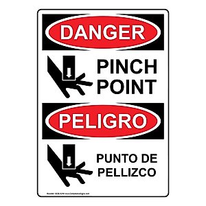 ComplianceSigns.com Danger Pinch Point English + Spanish OSHA Safety Label Decal, 5x3.5 in. 100-Pack Vinyl for Machinery