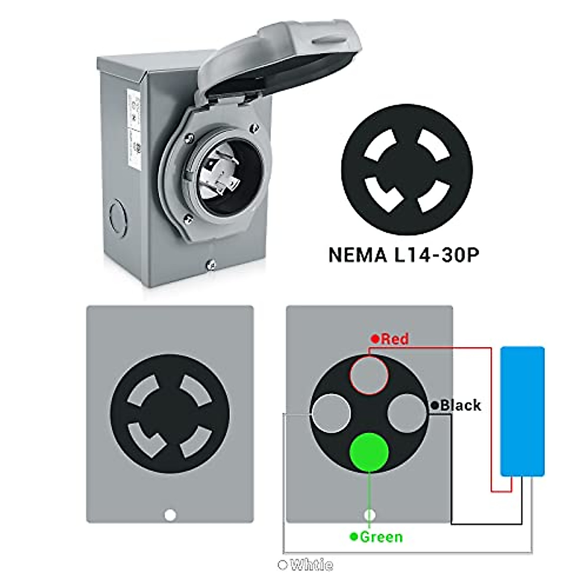 MICTUNING 30 Amp Generator Power Inlet Box Weatherproof, NEMA L14-30P Outdoor Inlet Box for 4 Prong Generator Cord, 125/250 Volt, 7500 Watts, ETL Listed