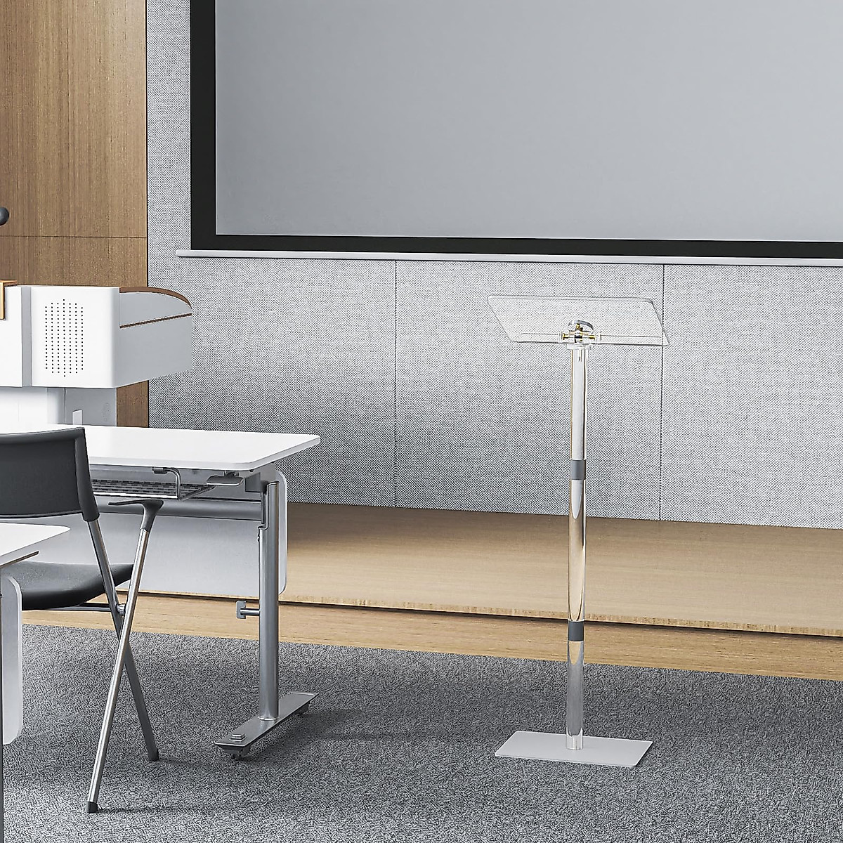 HMYHUM Small Acrylic Podium Stand, Angle Adjustable, 15.7" L x 11.8" W x 42.3" H, Modern Lecterns & Pulpits for Classroom, Concert, Church, Speech, Easy Assembly, Metal Base, Clear