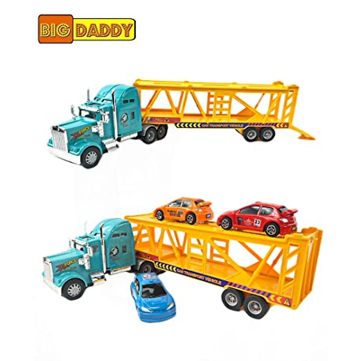 Big Daddy Heavy Duty Tractor Trailer Race Car Carrier Toy Truck with 3 Cars Bundle