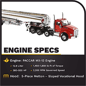 Diecast Masters Kenworth T880 SBFA Tractor Truck - Red | DayCab Pusher-Axle Tandem Tractor with Heil FD9300/DT-C4 Petroleum Trailer | 1:50 Scale Model Semi Trucks | Diecast Model 710102