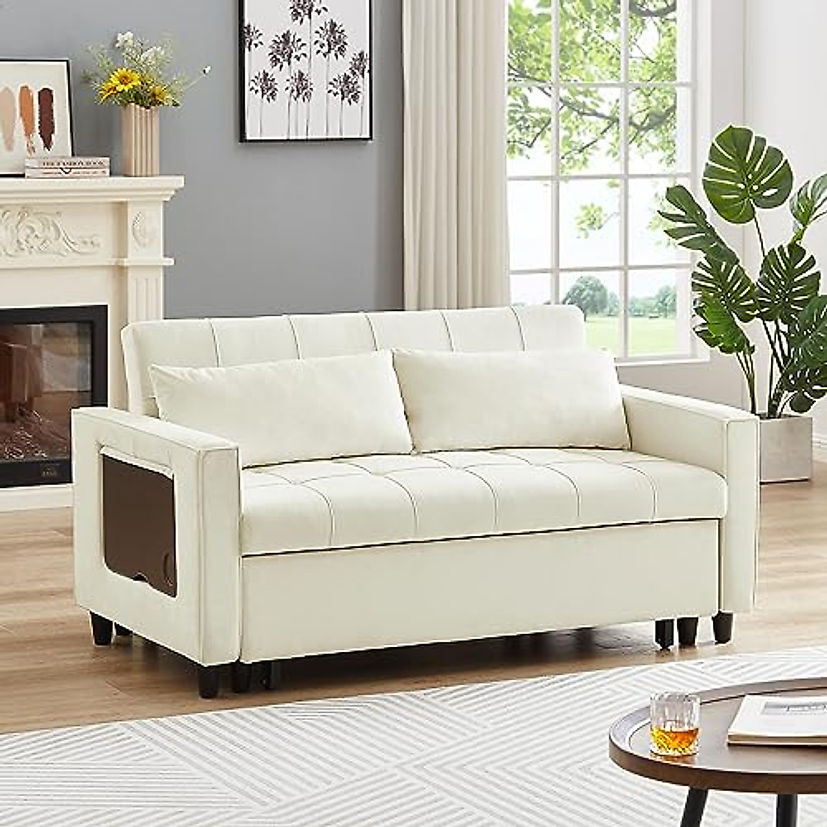 3 in 1 Convertible Sofa Bed Pull Out Couch Sleeper Modern Velvet Loveseat Couch Futon Sofá Bed w/Reclining Backrest,Side Coffee Table,2 Pillows,Lounge Sofa for Living Room Apartment Home Office,White