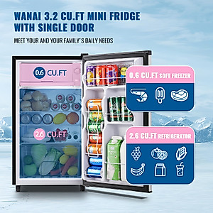 WANAI 3.2 Cu.Ft Mini Fridge with Freezer, Single Door Small Compact Refrigerator with 5 Adjustable Thermostat, LED Light, 3 Removable Shelves for Office, Dorm, Bedroom, Apartment, Kitchen Silver