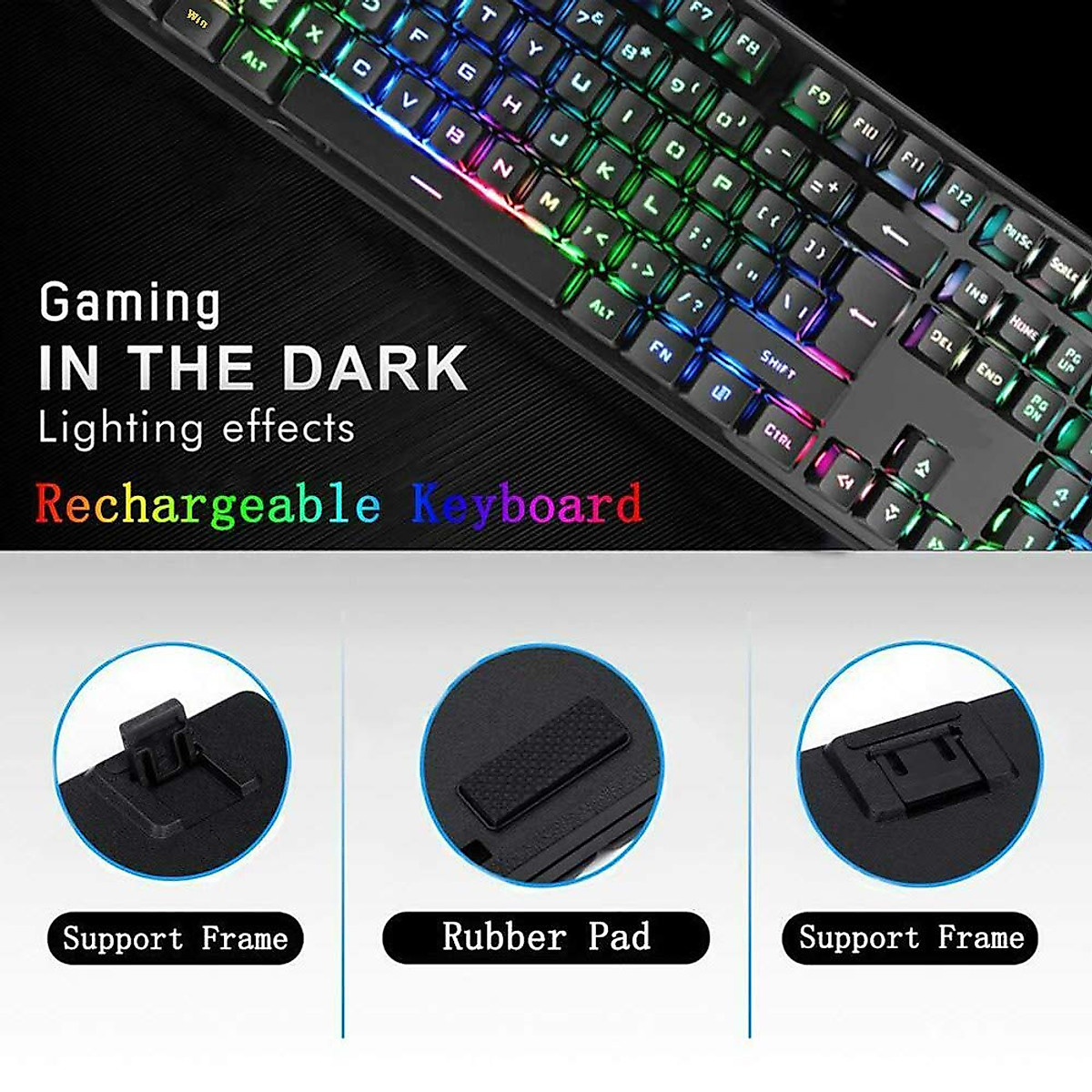 Wireless Rechargeable Backlit Keyboard and Mouse Combo,Soke-Six 2.4G Full-Size Mechanical Feel Gaming Keyboards with USB 2400DPl Mice,Adjustable Breathing Lamp,Anti-Ghosting (Black& Mix Light)