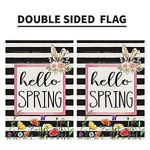 Hello Spring Flower Garden Flag 12x18 Inch Double Sided Burlap Outside, Seasonal Floral Bunny Sign Yard Farmhouse Outdoor Decor DF231