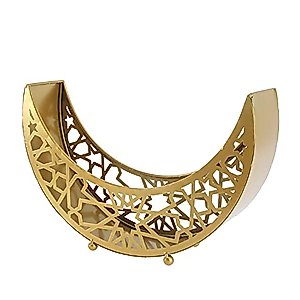 ULTNICE Ramadan Eid Plate Iron Serving Tray 3D Moon Shaped Islam Platter Candy Dish Snacks Dessert Holder Pastry Tray Dishes for Muslim Ramadan Mubarak Home Party Supplies Golden