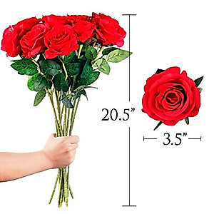 Mocoosy 12 PCS Red Rose Artificial Silk Flowers, Fake Roses with Long Stems Realistic Faux Rose Flower Bouquets for Wedding Decorations Bridal Shower Centerpieces Arrangement Party Home Table Decor