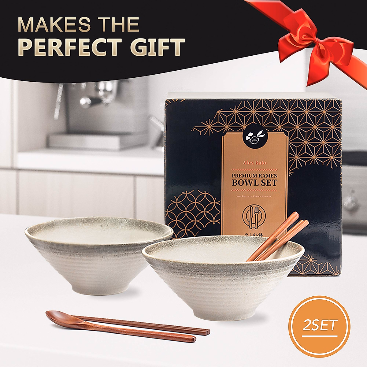 Alex Kato Ceramic Japanese Ramen Bowls Set of 2-60 ounce Large Noodle Soup Bowl, with Chopsticks and Spoon for Asian Pho Udon Soba (White)