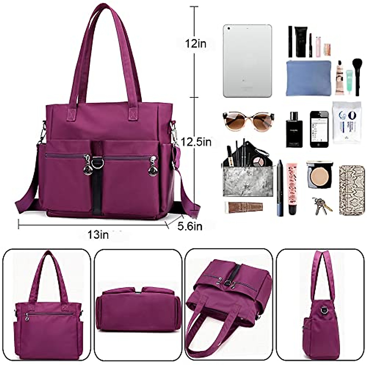 Dayfine Nylon Tote Bags for Women Waterproof Shoulder Bag Satchel Casual Handbags Lightweight Purse Multiple Pockets Bag-Purple
