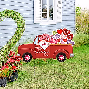 Valentine's Day Yard Signs with Stake Valentines Gnomes Outdoor Lawn Decorations Happy Valentine's Day Red Truck Lawn Signs for Valentine Day Wedding Anniversary Lawn Garden Yard Outside Decorations