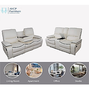 AYCP Manual Reclining Living Room Furniture,Bonded Leather Sofa w/Drop-Down Console, Loveseat w/Storage Console for Living Room/House/Bedroom/Office/Apartment (Ivory White, Sofa+Loveseat)